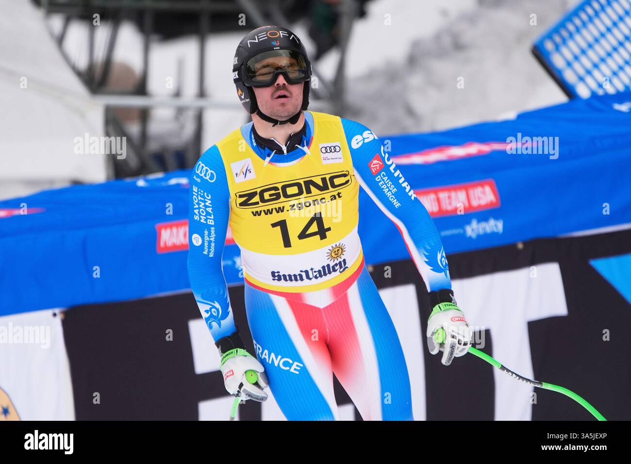 France's Nils Allegre reacts after his men's super-G run at the World ...