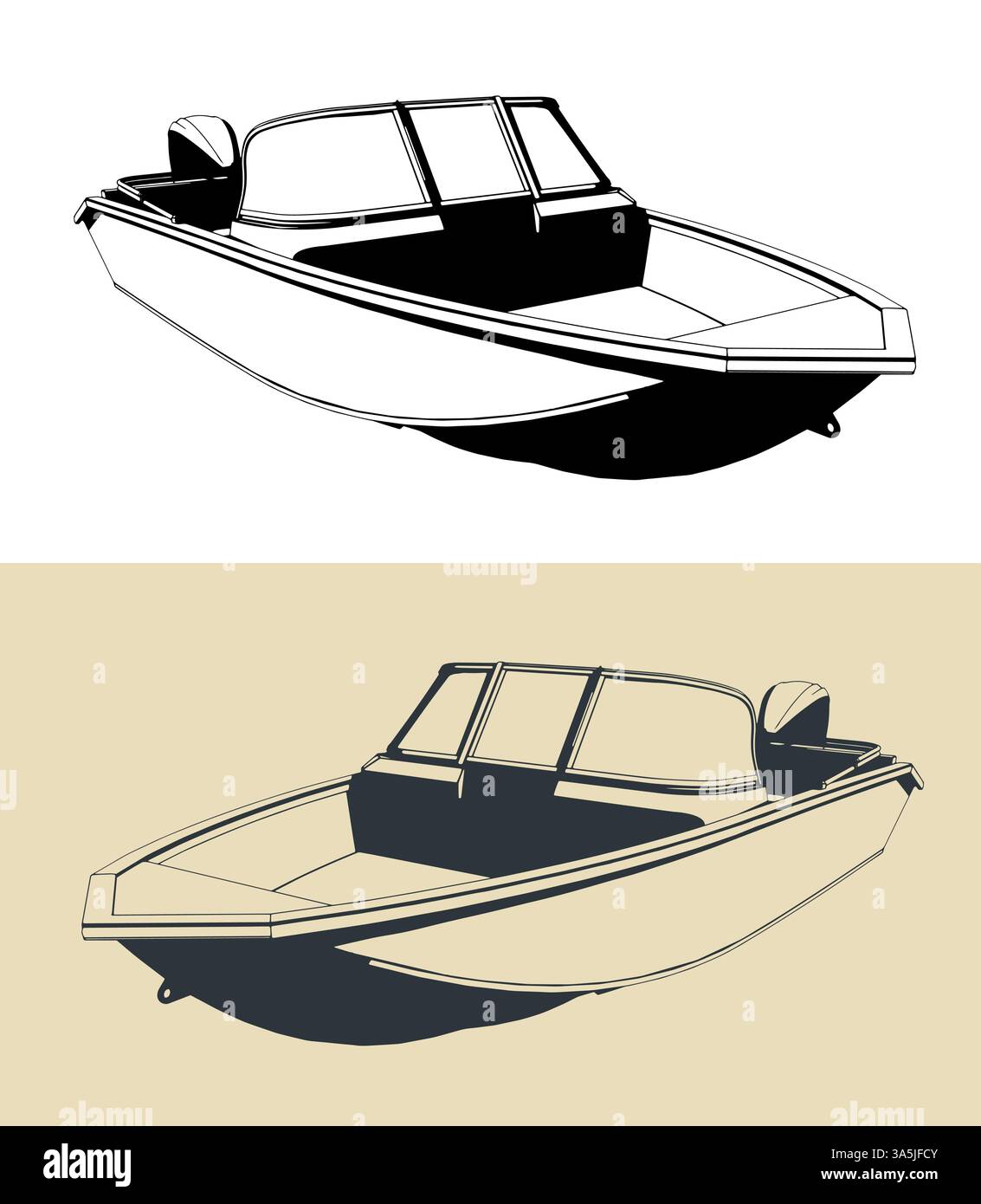 Stylized vector illustrations of a speed boat or boat for fishing and ...