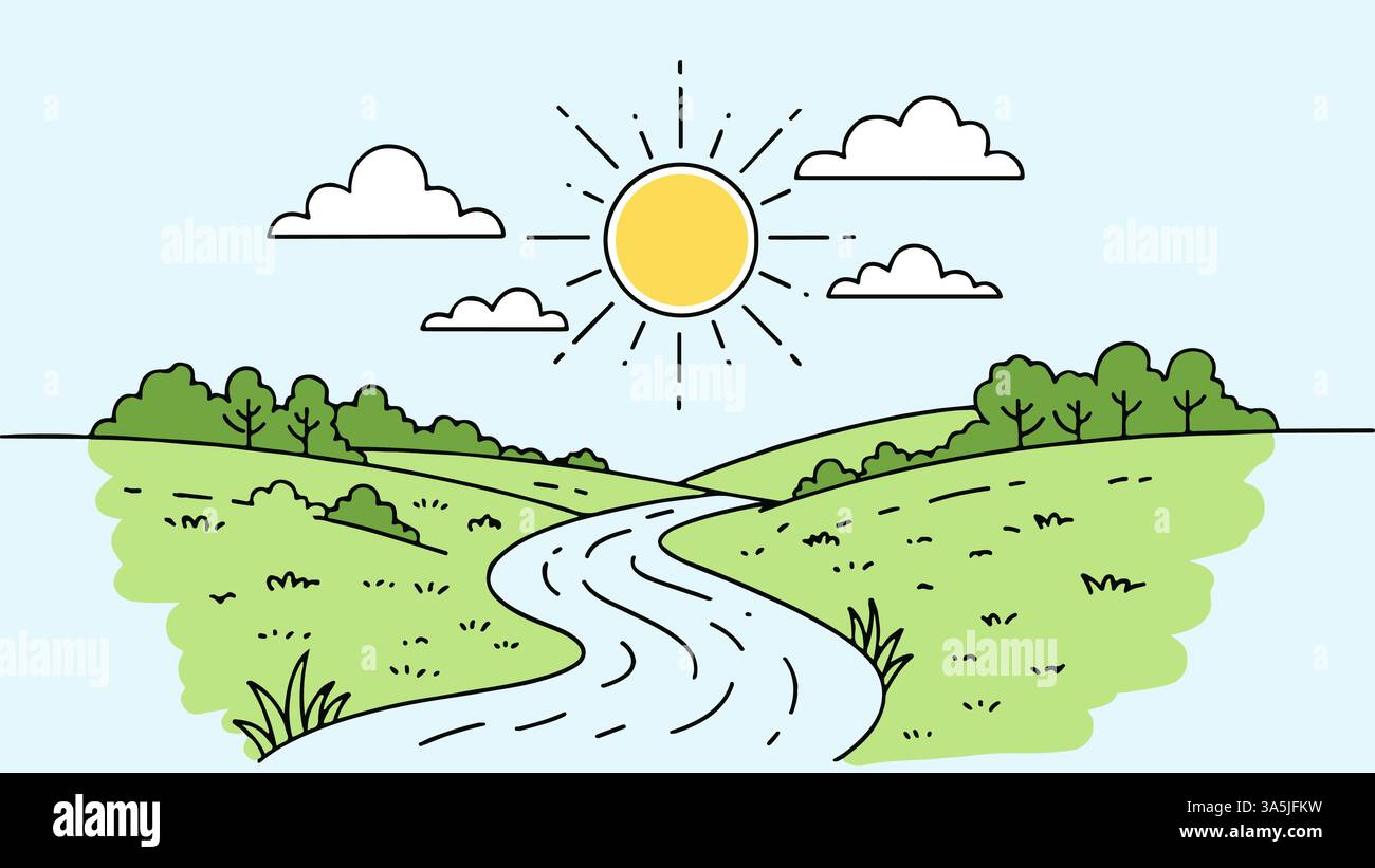 Cartoon landscape illustration. Sun clouds river green hills. Nature travel vacation background ...