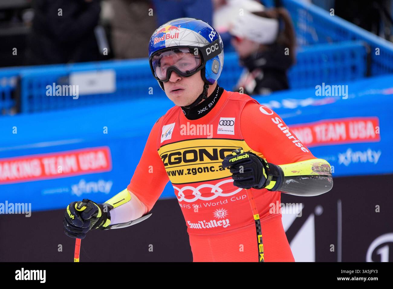 Switzerland's Marco Odermatt reacts after his men's super-G run at the ...