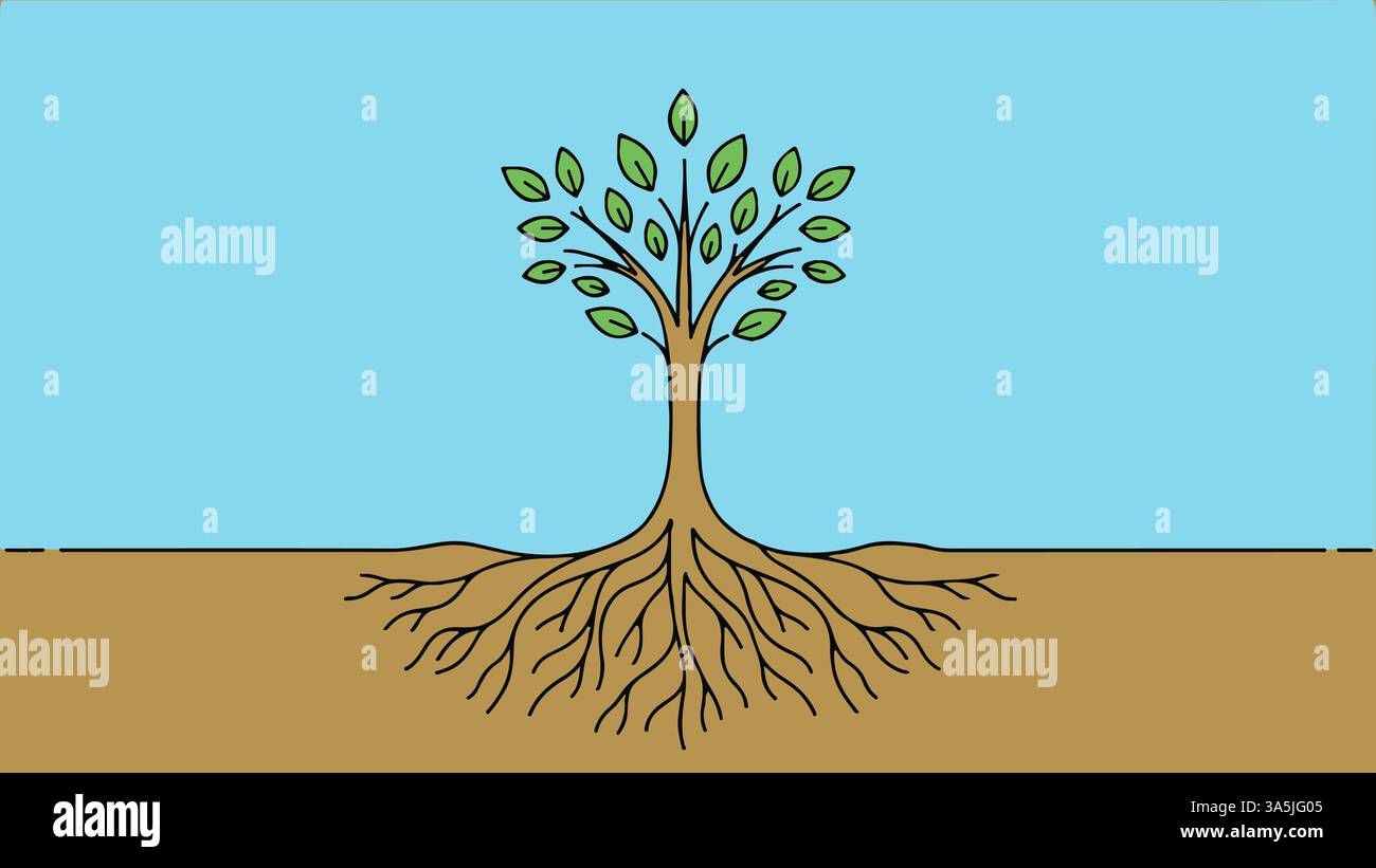 Tree with roots green leaves. Soil blue sky simple line art. Ecology ...