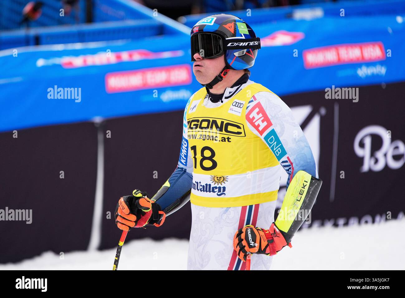 Norway's Adrian Smiseth Sejersted reacts after his men's super-G run at the World Cup Finals ...