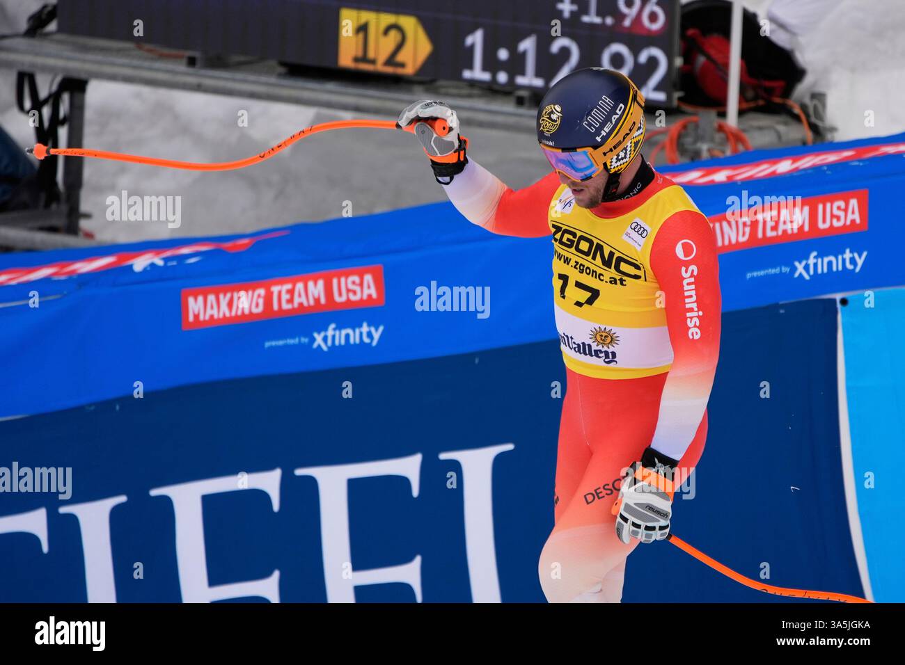 Switzerland's Justin Murisier reacts after his men's super-G run at the ...