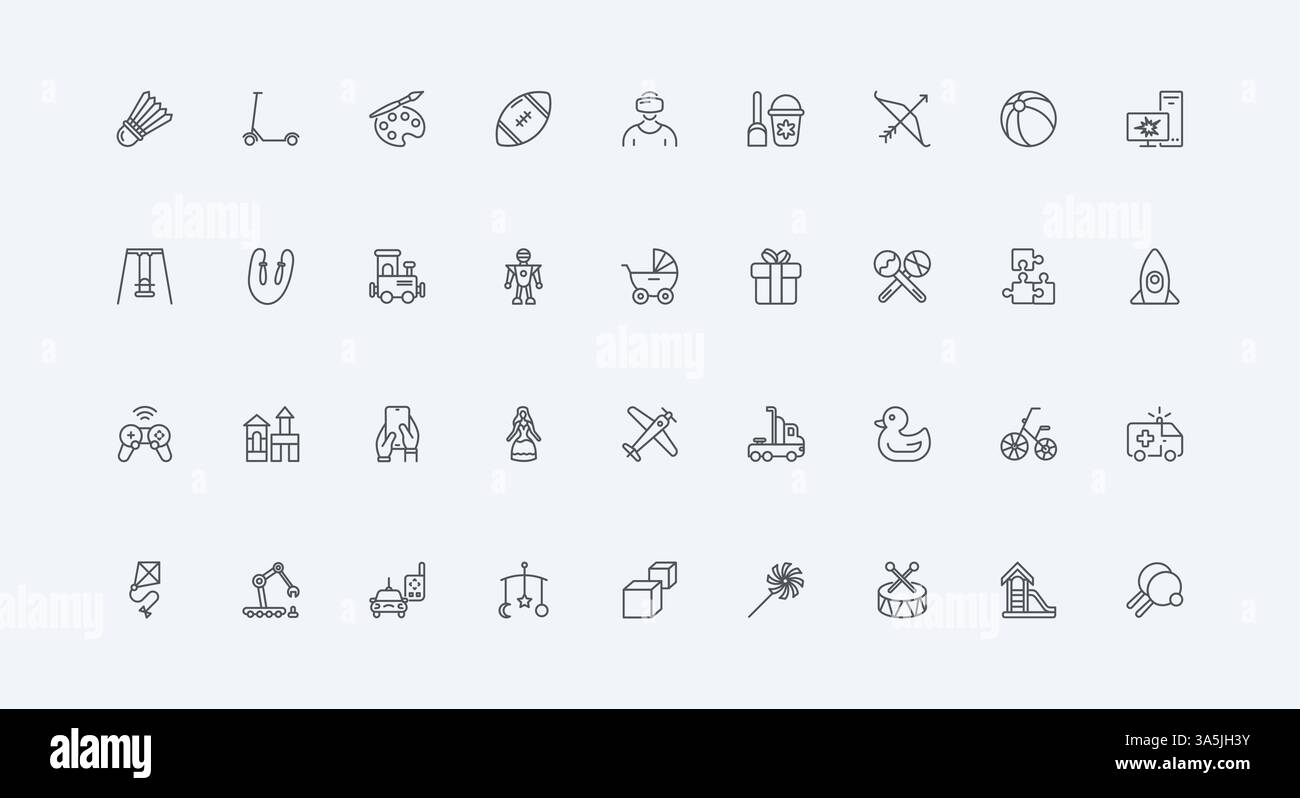 Playground, park area and kindergarten equipment thin black outline ...