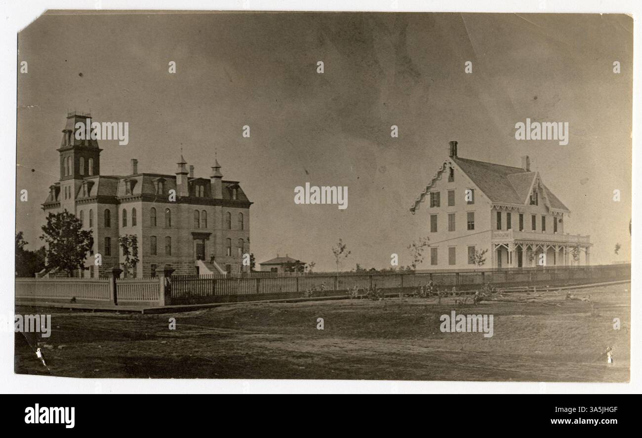 Exterior view of Old Main (1874) and Stearns House (1869) on the campus ...