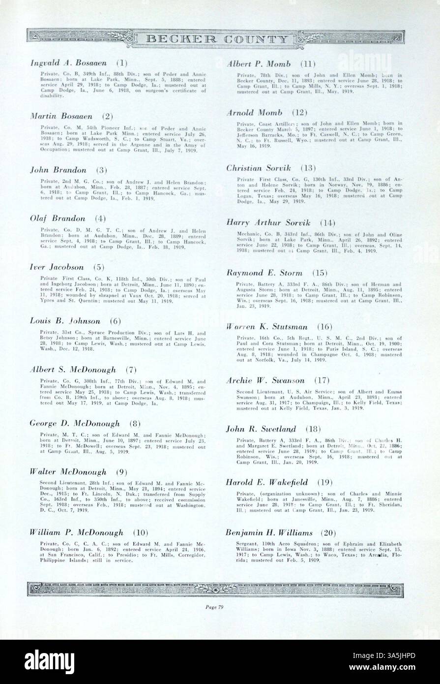 This historical account details the service of Becker County residents during World War I, with ...