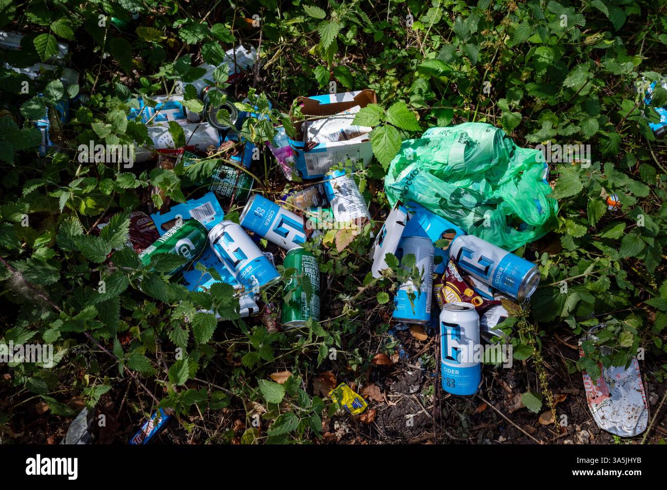 Fly tipped Coop supermarket cider cans Stock Photo - Alamy