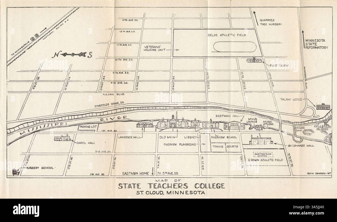 A black and white map of St. Cloud State University, showing the campus ...
