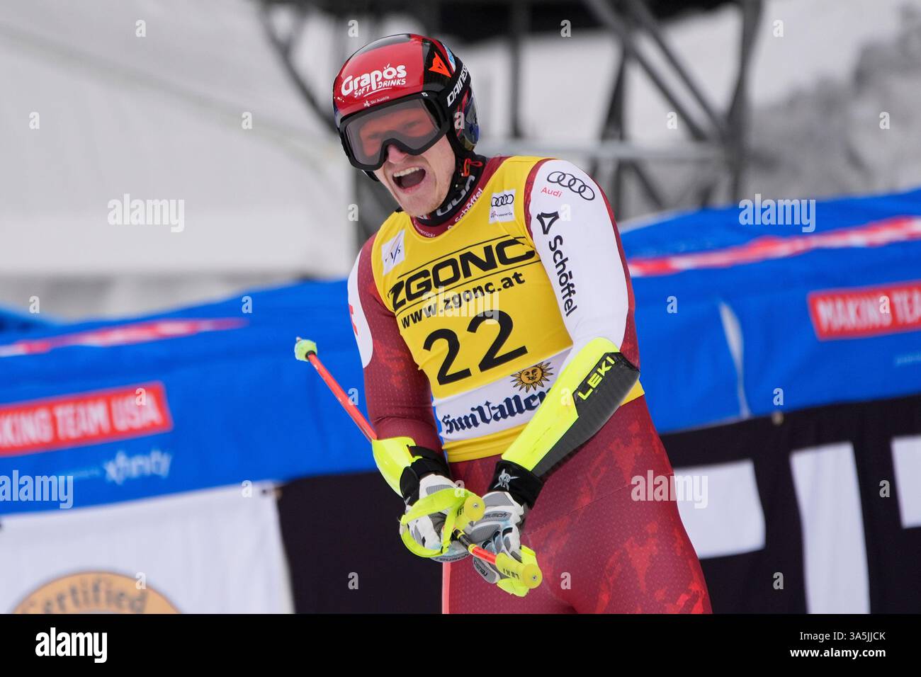 Austria's Stefan Babinsky reacts after his men's super-G run at the ...
