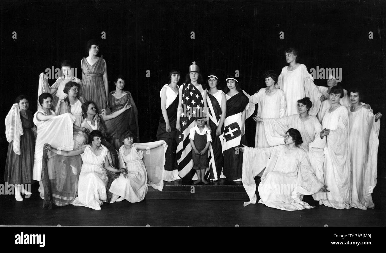 A group of women in theatrical costumes from the 'Patriotic Pageant' at ...