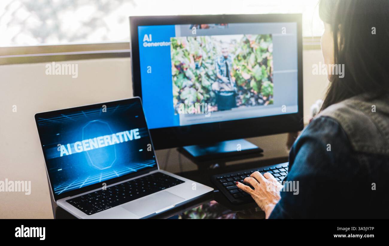 AI app. Woman chat with Artificial Intelligence software in computer at home office. Future ...