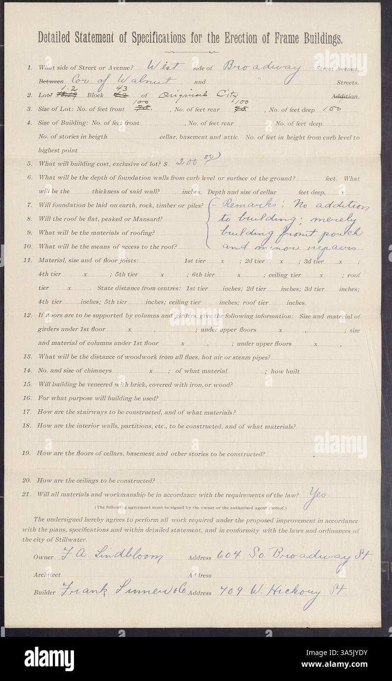 Permit application for a new frame building on the southwest corner of ...