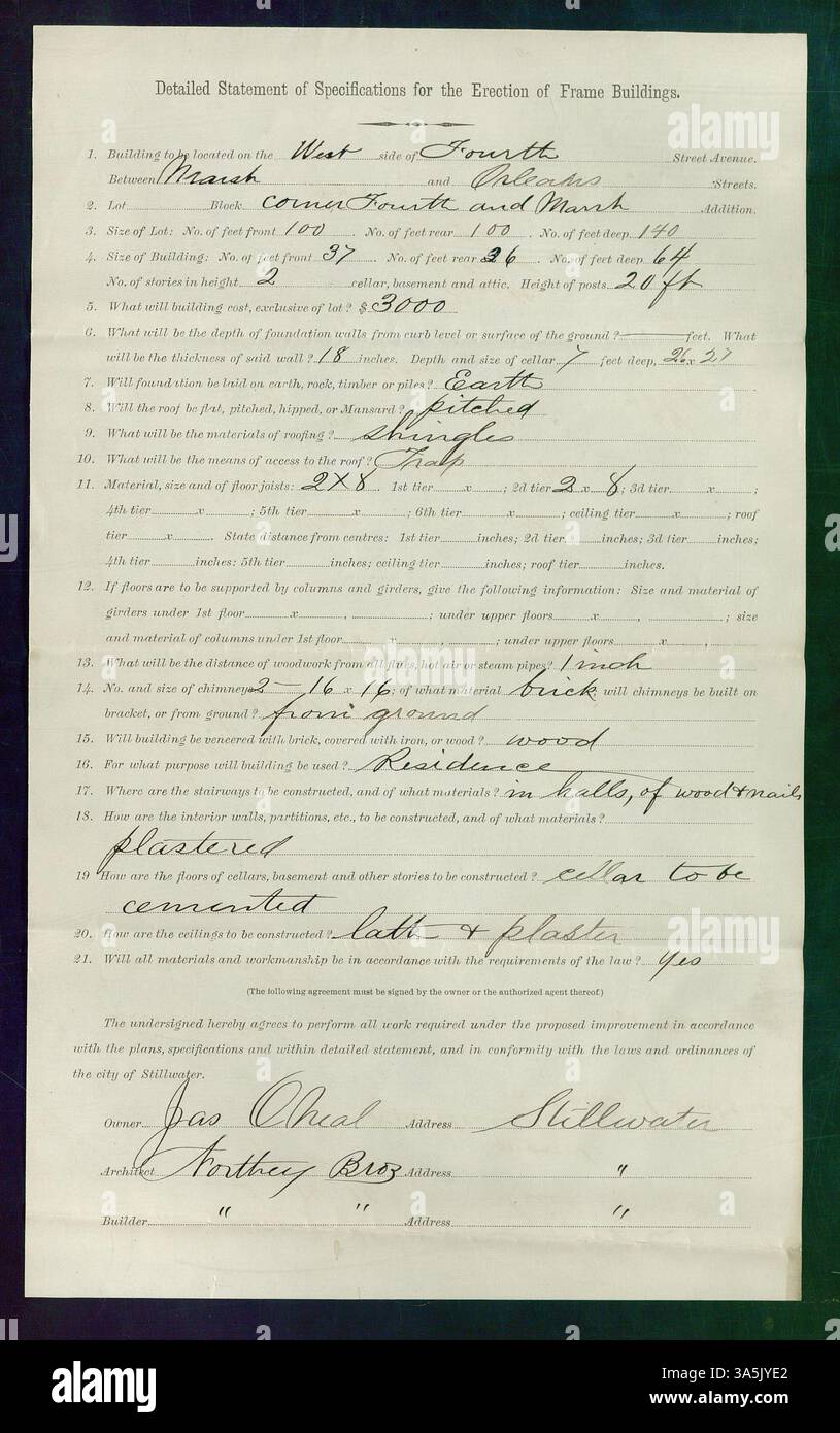 Building permit application for a new frame building on Fourth Street ...