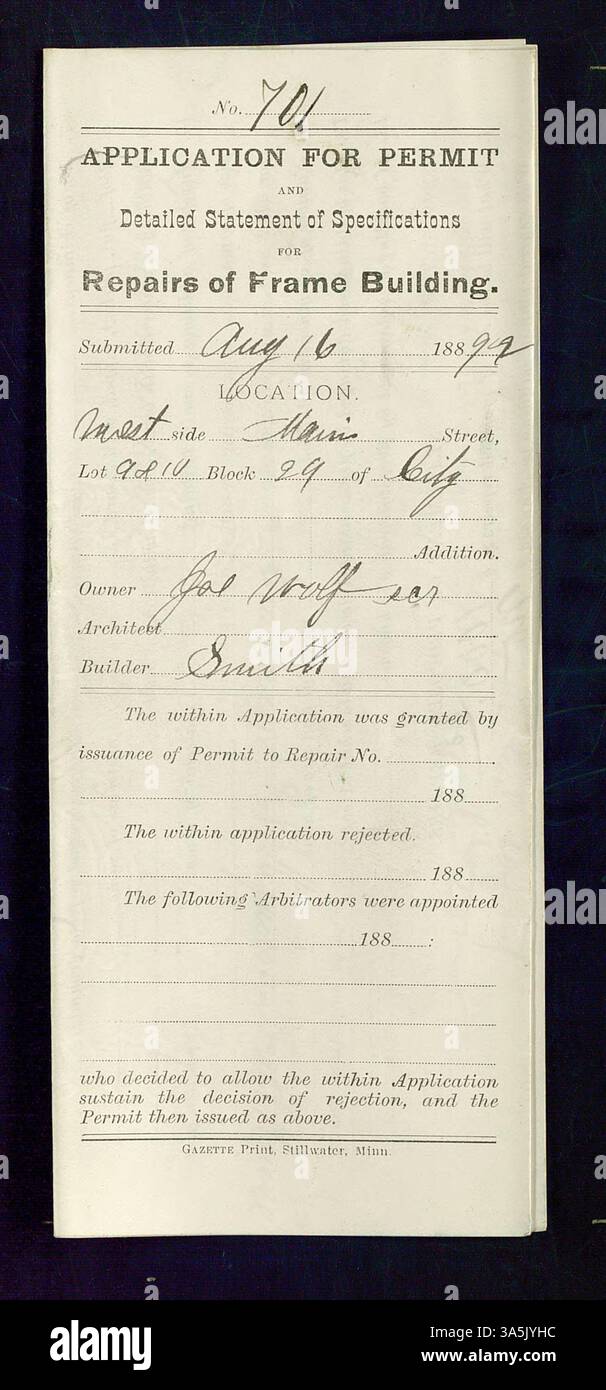 Building permit application for repairs to a frame building on Main ...