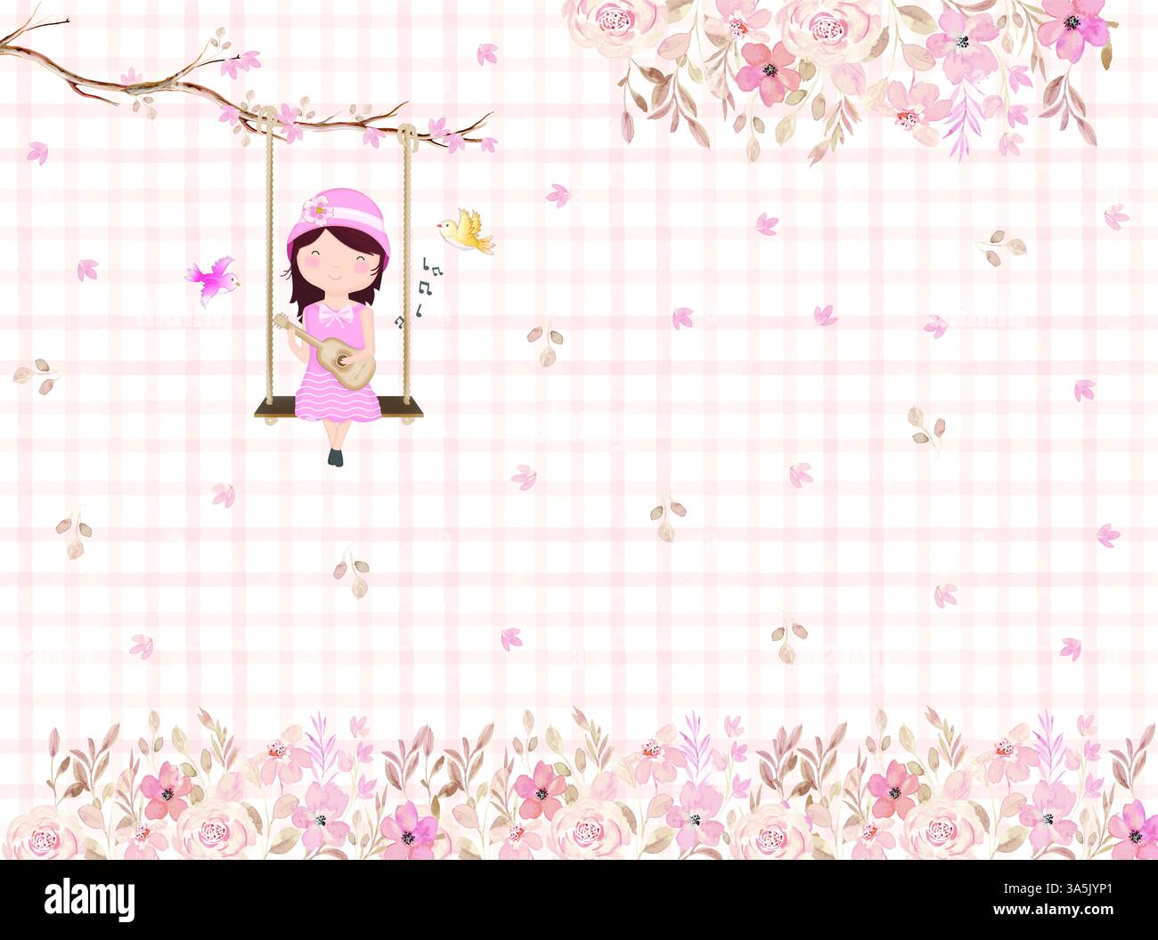 Cute Girl on Swing - Soft Pink Floral Background, Whimsical Childhood ...