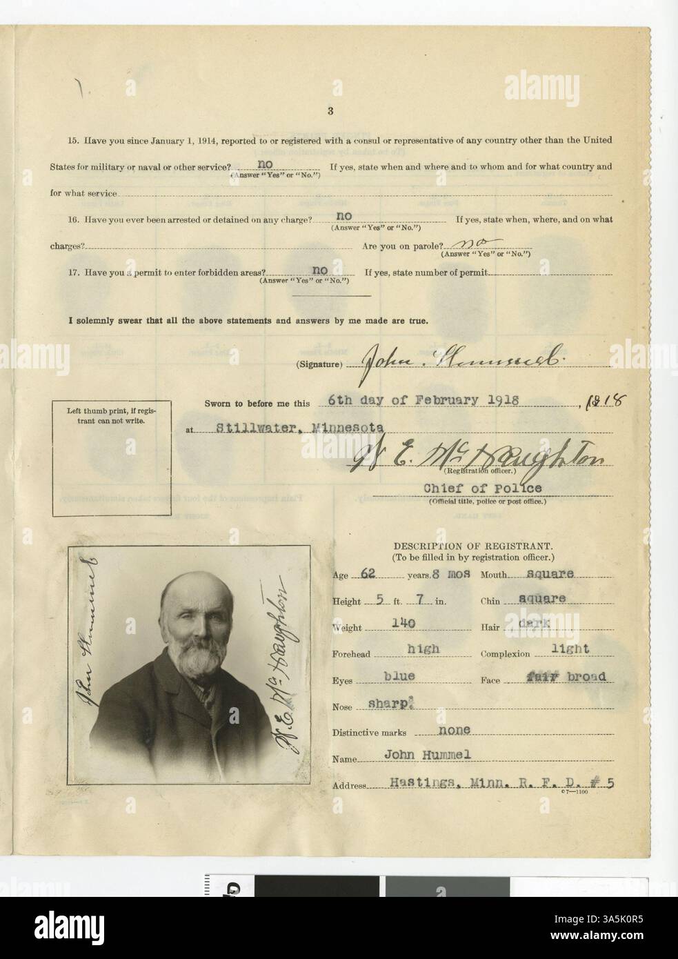 Registration affidavit of John Hummel, identified as an alien enemy ...