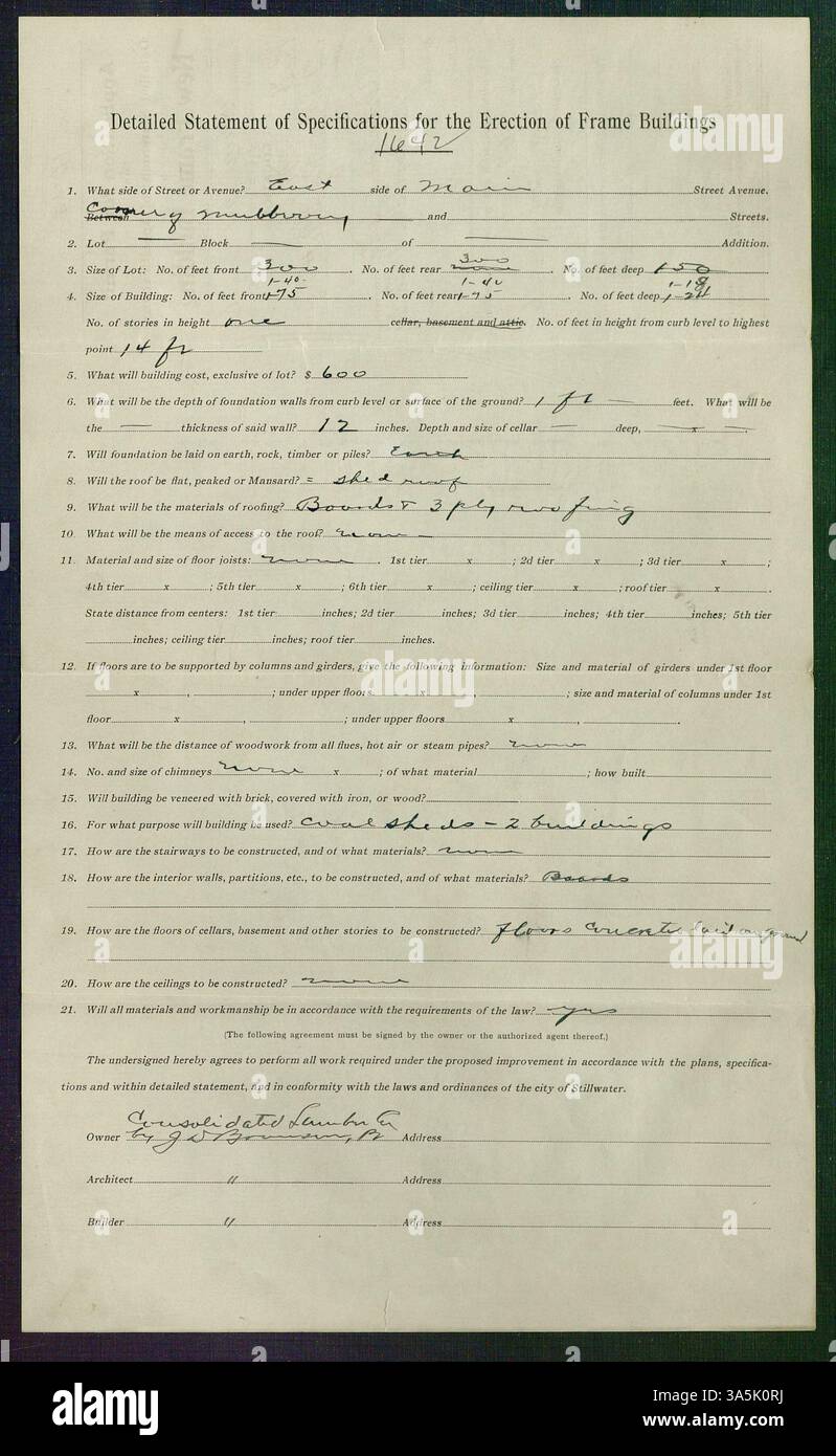 Building permit for a new frame brick building in Stillwater, Minnesota ...