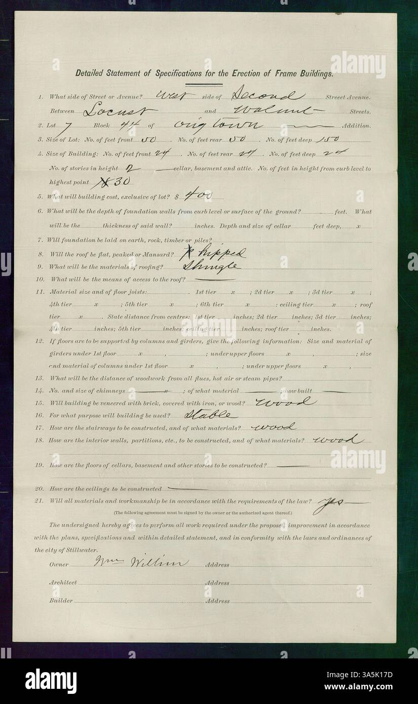 Building permit number 157, submitted November 12, 1886, for a new ...