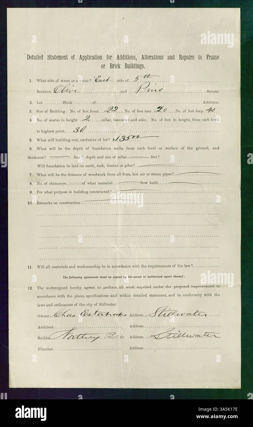 Building permit number 499, submitted on July 17, 1890, for additions ...