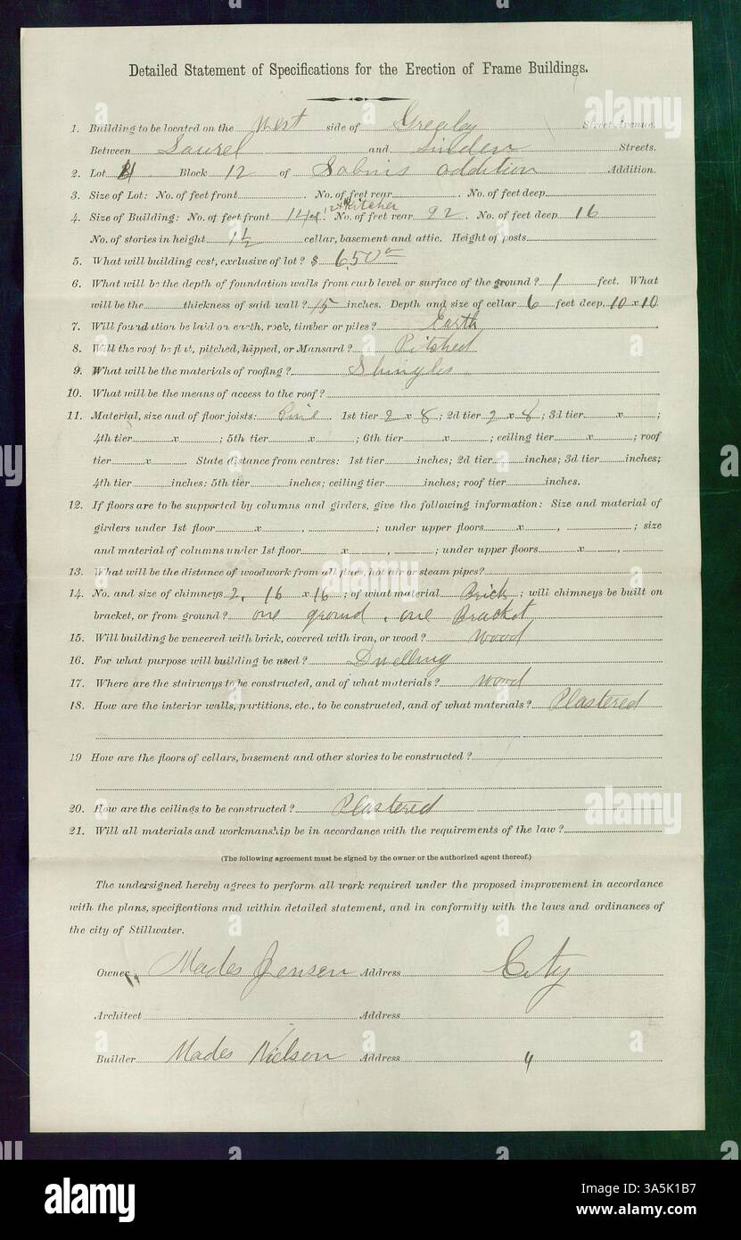 Permit for a new frame building in Stillwater, Minnesota, submitted on ...