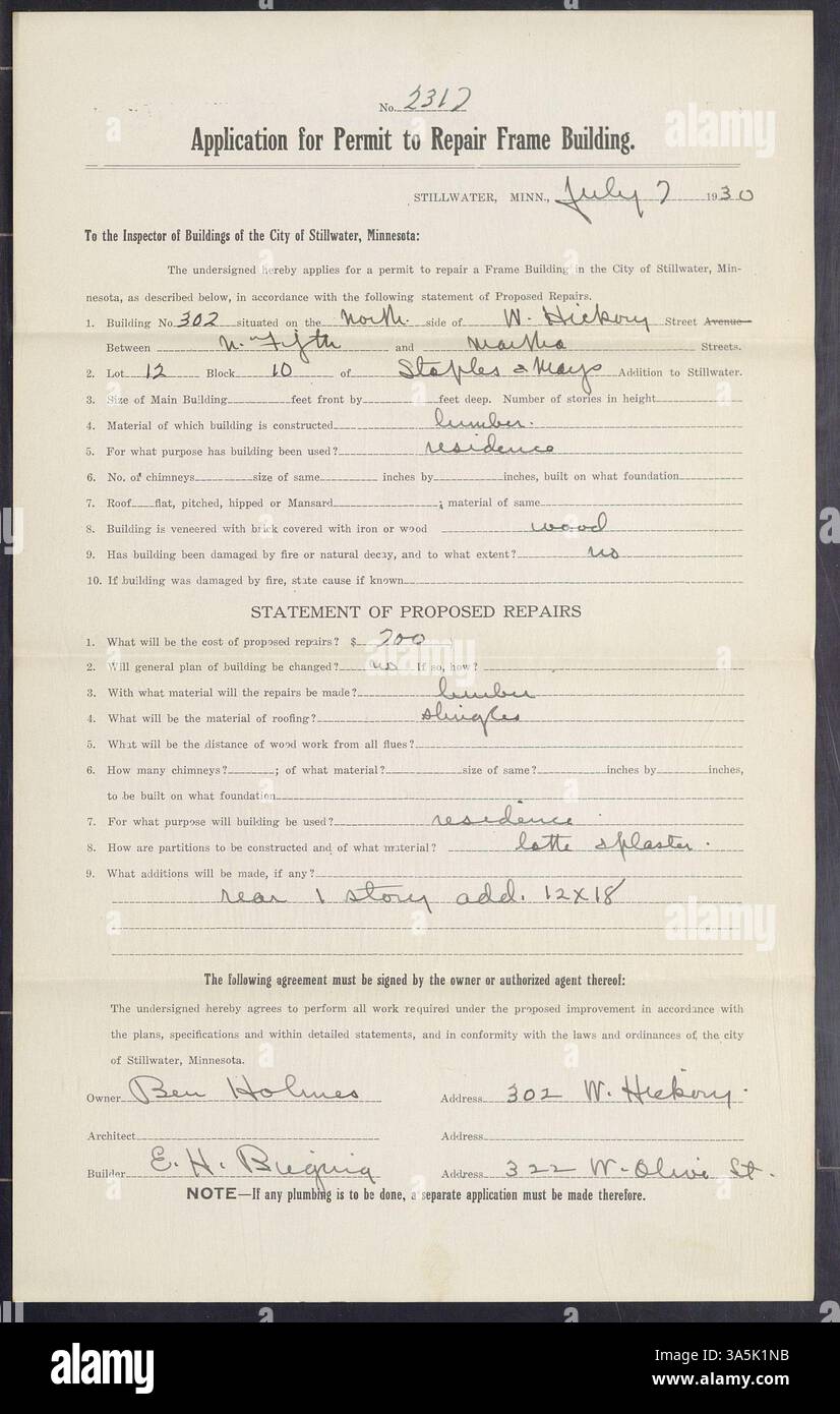 Building permit application for repairs to a frame building located at ...
