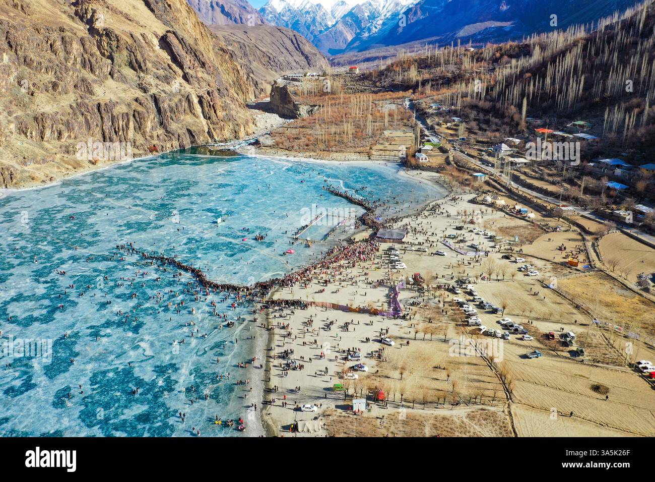 Aerial view of the frozen Khalti Lake in Ghizer District, Gilgit ...