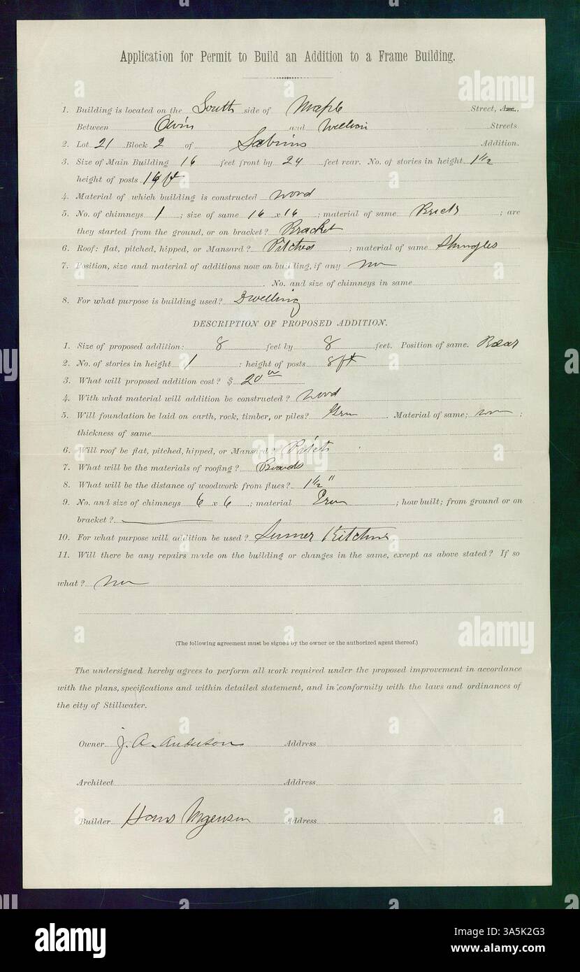 This permit, granted on July 3, 1888, is for an addition to a frame ...
