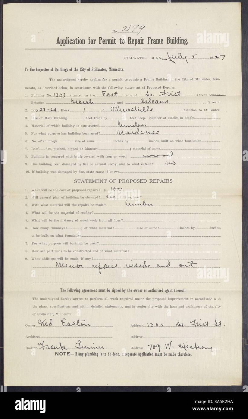 A building permit granted on July 5, 1927, for repairs to a frame ...
