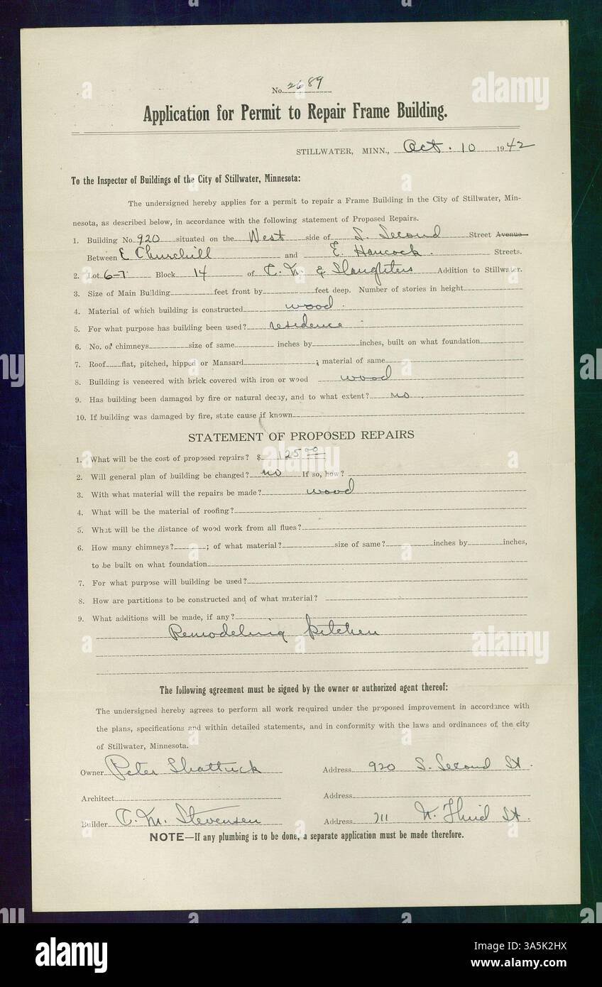 A permit granted on October 10, 1942, for repairs to a frame building ...