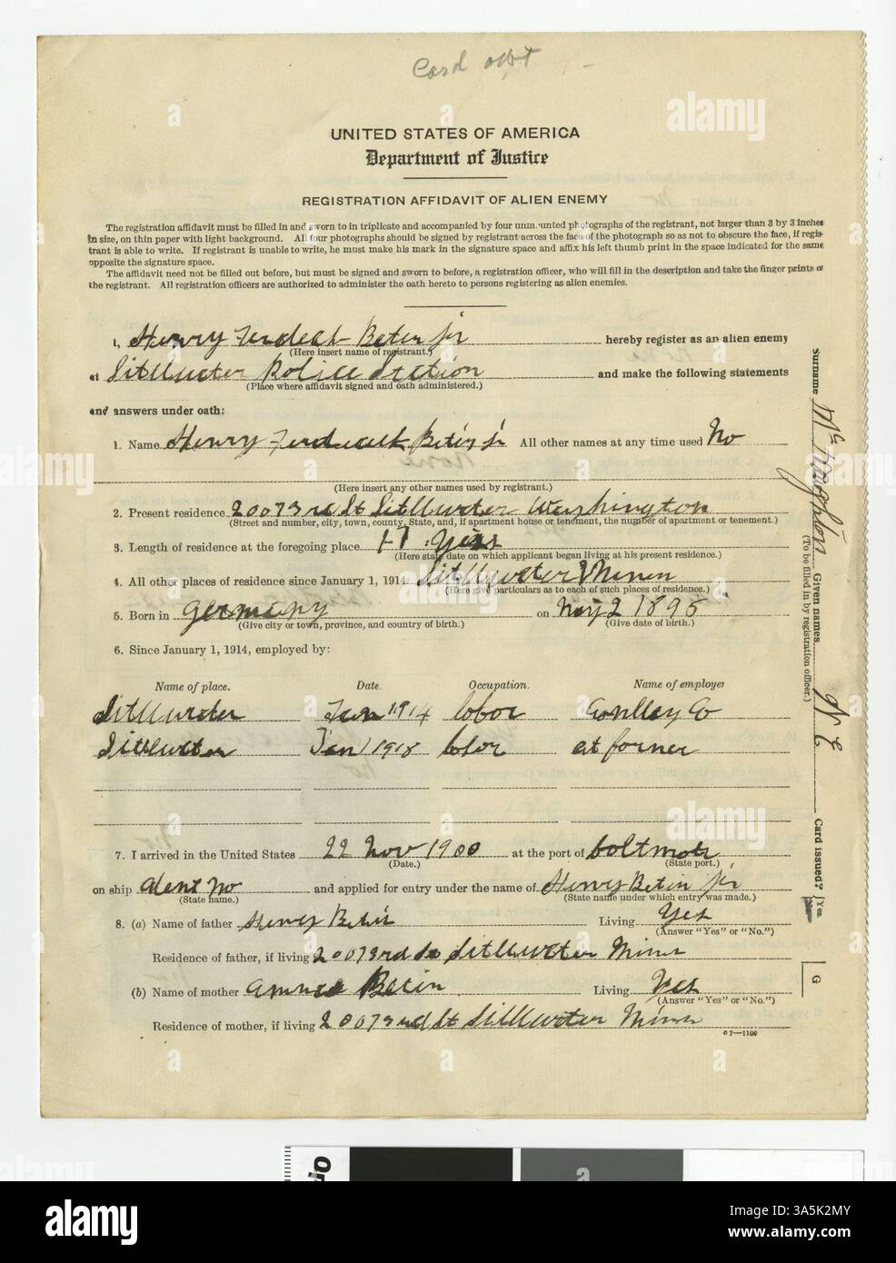 A registration affidavit for Fredrick Betin, Jr., an alien enemy, sworn ...