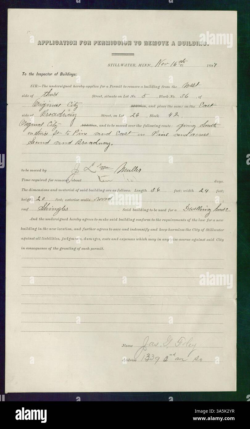 In 1887, Stillwater issued a permit for the removal of a building from ...