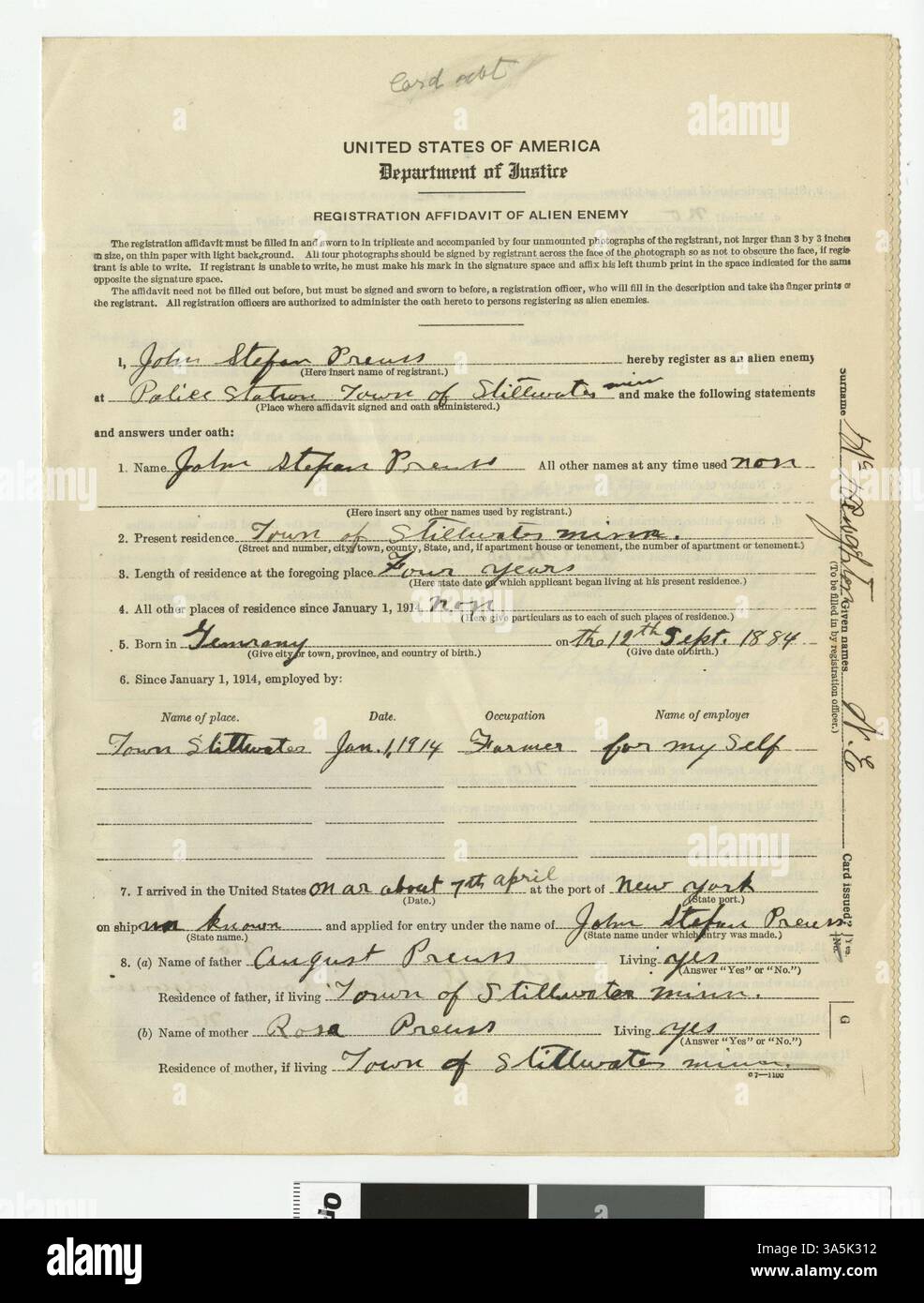 This is the Registration Affidavit of Alien Enemy John Stefan Preuss ...