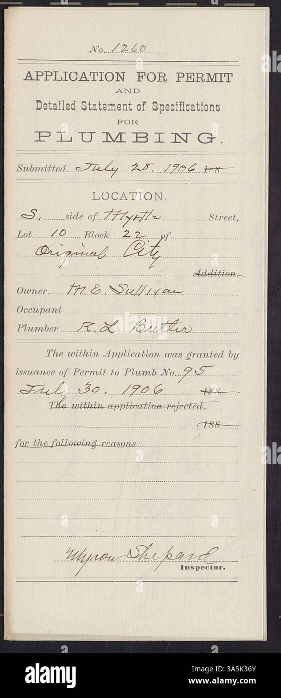 This 1906 permit application for plumbing work details specifications for a project at Myrtle ...
