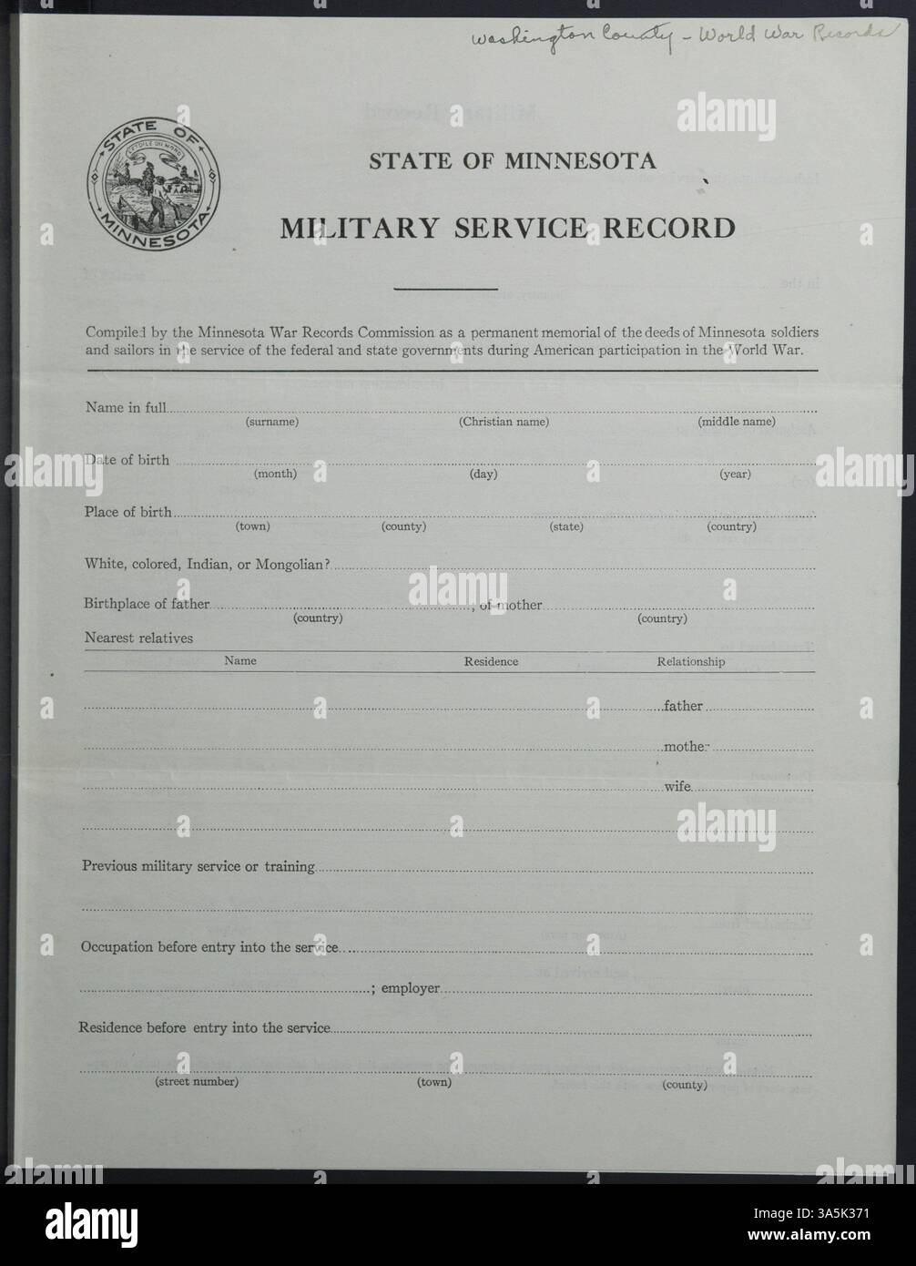 A blank form used to record military service information for World War ...