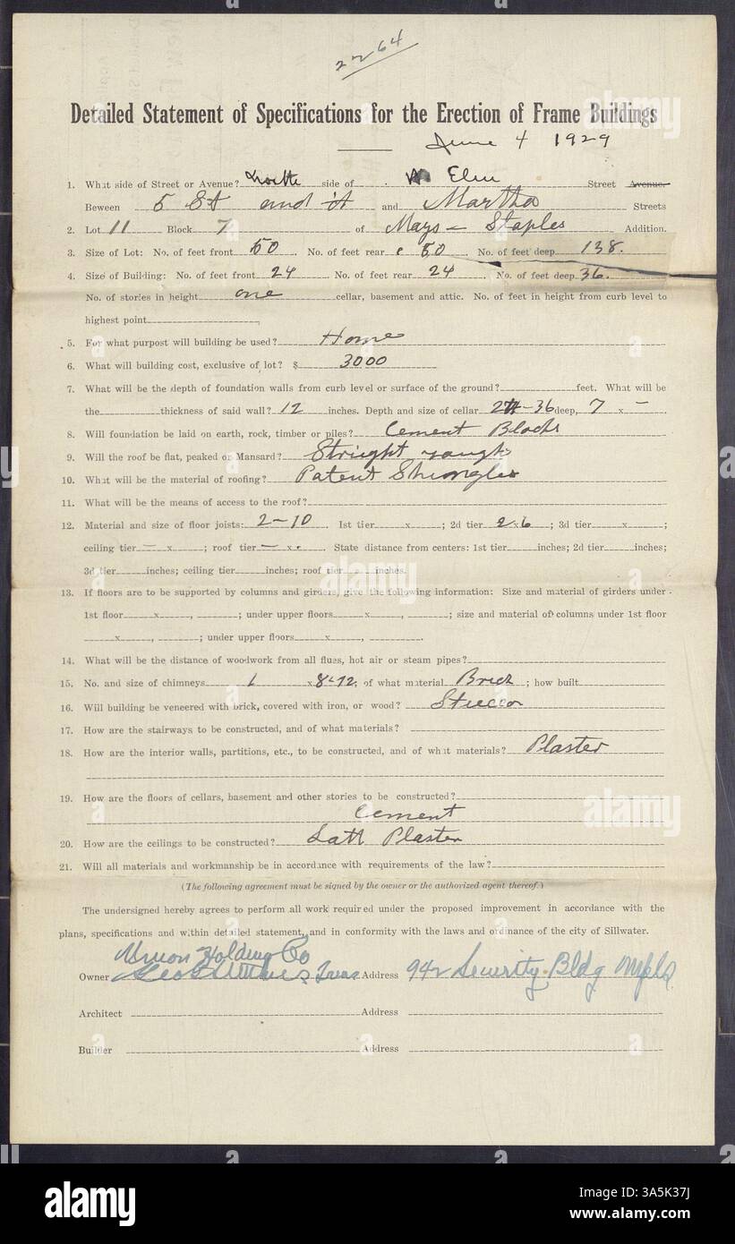 Building permit application number 2264 was submitted on June 4, 1929 ...