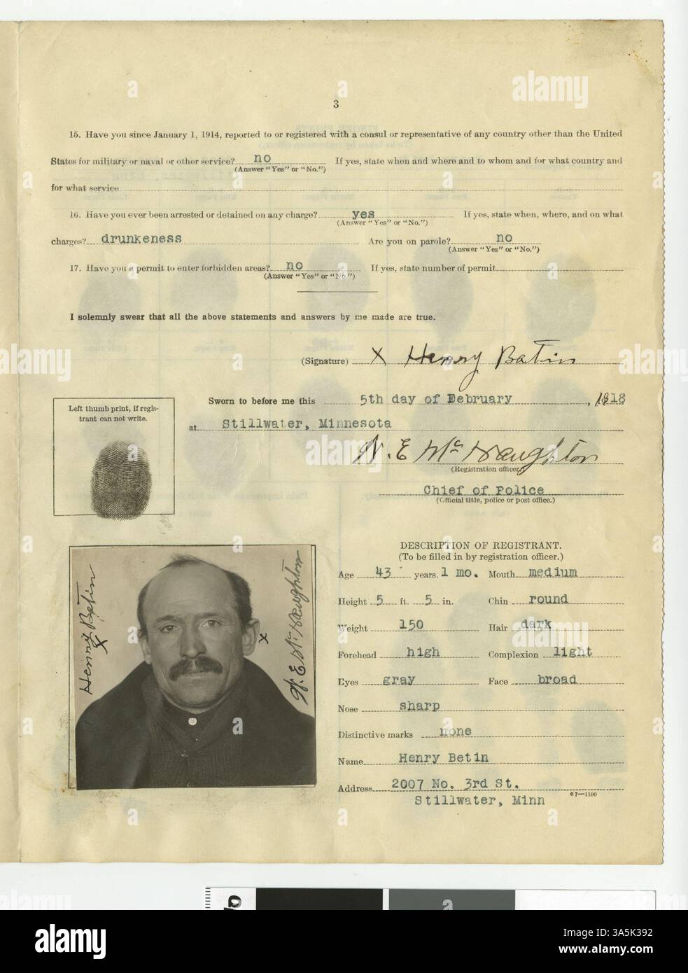 This 1918 affidavit records Henry Betin's registration as an alien ...