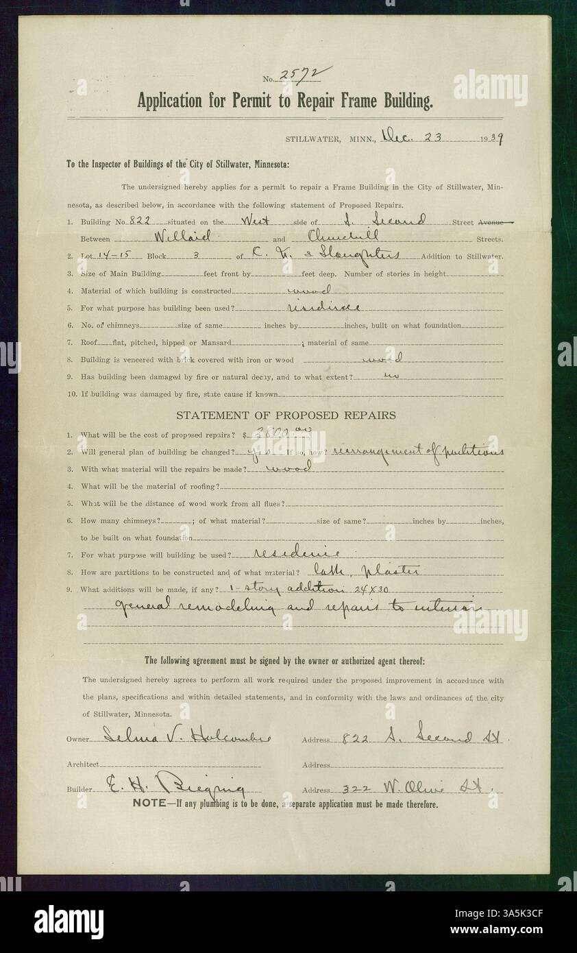This building permit, submitted on December 23, 1939, requests repairs ...