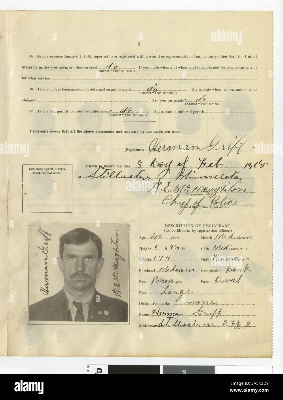 Alien enemy registration affidavit for Herman Griff, sworn to by W.E ...