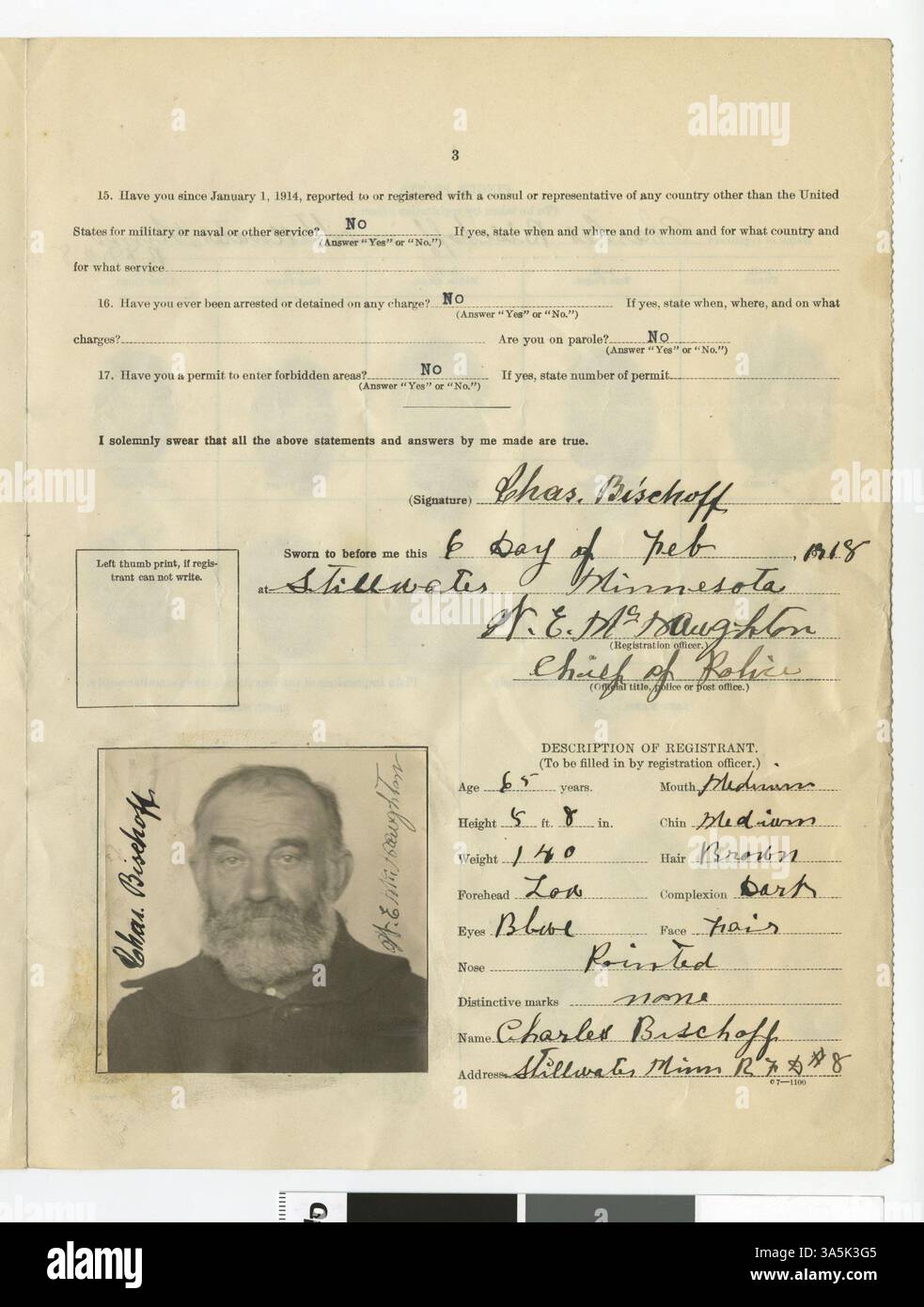 Registration affidavit for Charles Bischoff, an alien enemy, sworn on ...