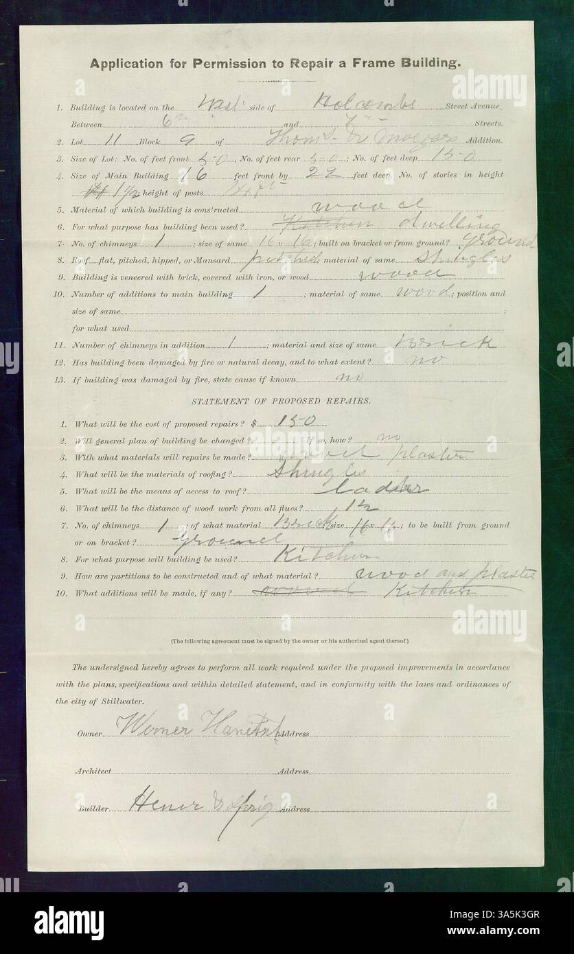 Building permit for repairs of a frame building at West Holcomb Street ...