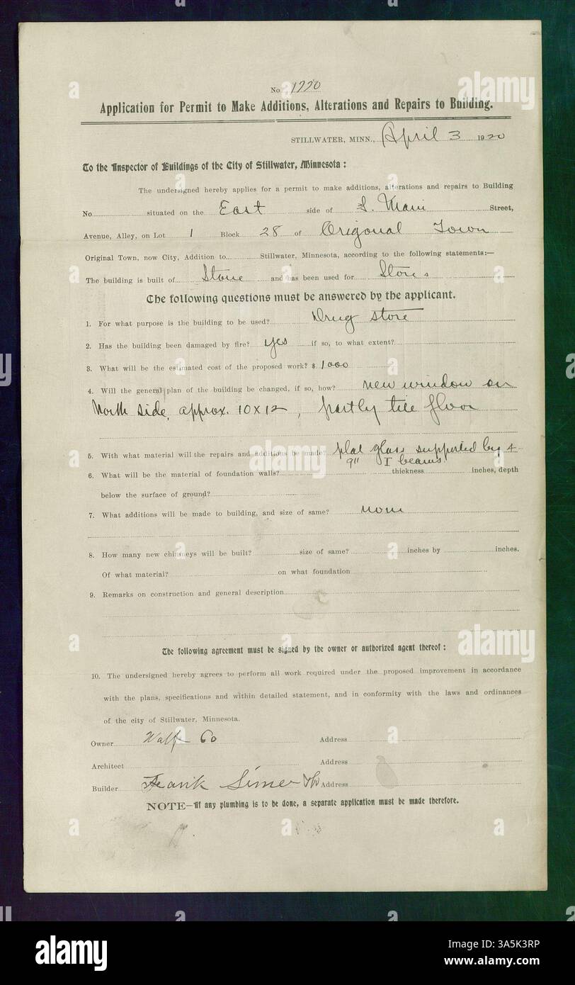 A building permit application for alterations and repairs to a property ...