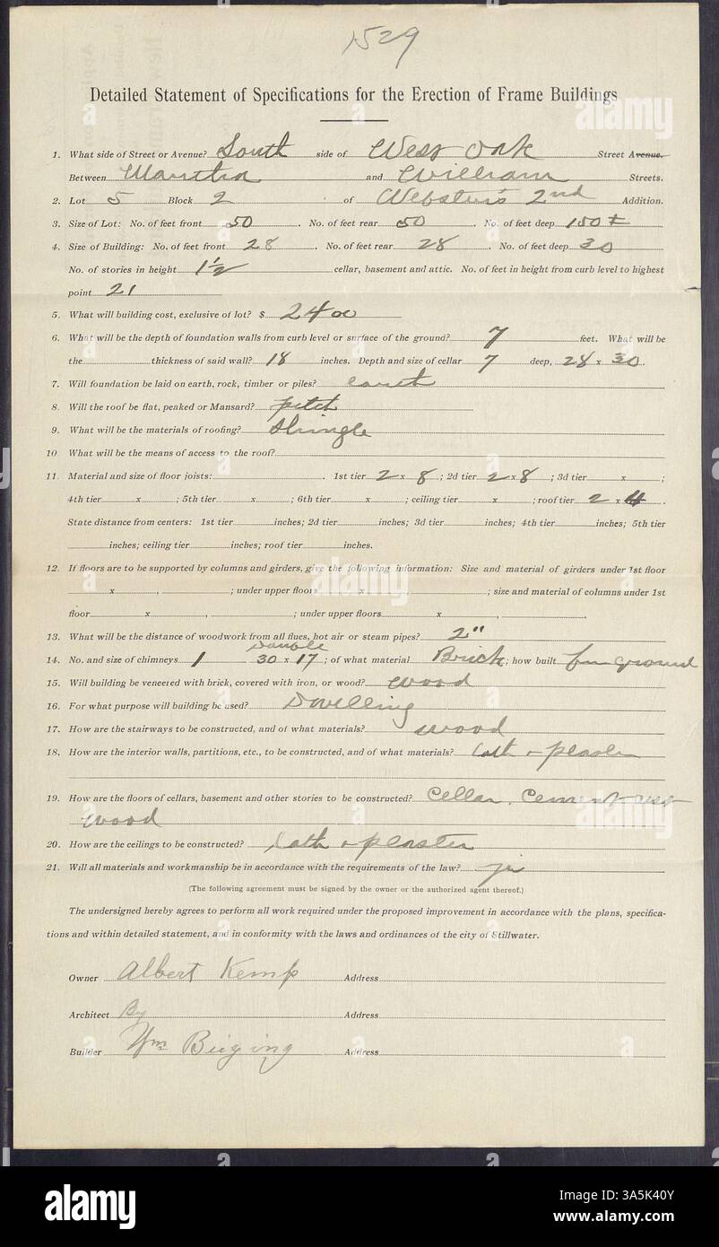 A building permit for a new frame building located on Work Street ...