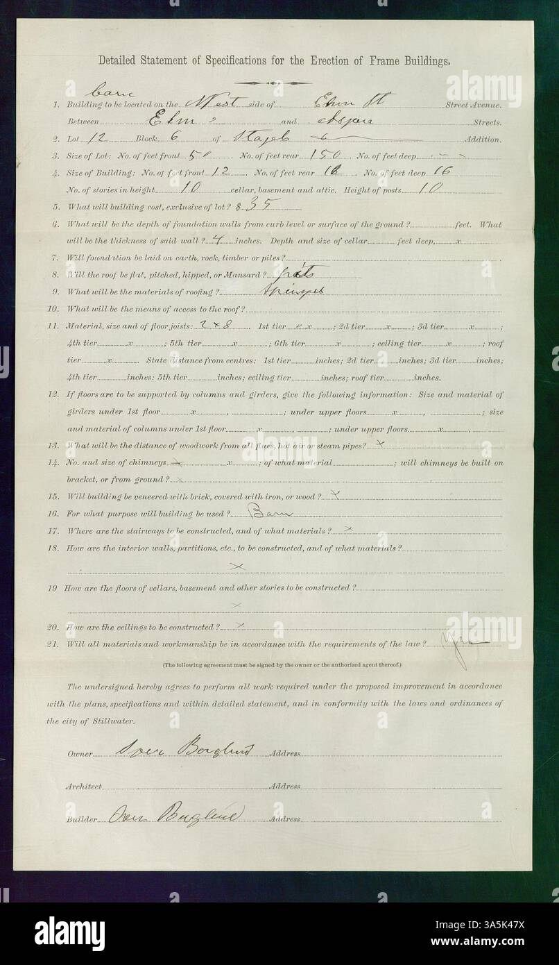 Building permit for a new frame building located on Elan Street, Lots ...