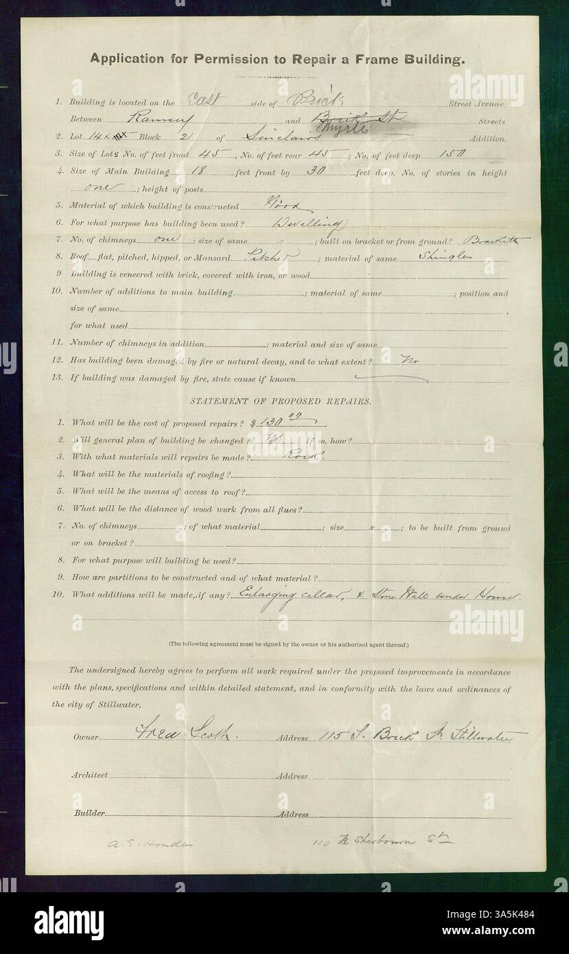 Building permit issued for an addition to a frame building on Brick ...