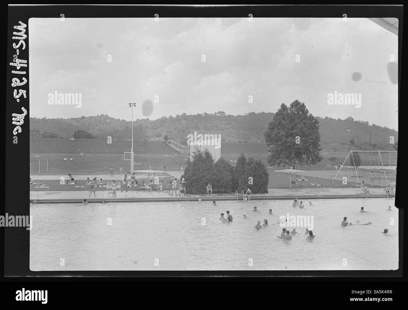 A photograph of a swimming pool with a play area in the background ...