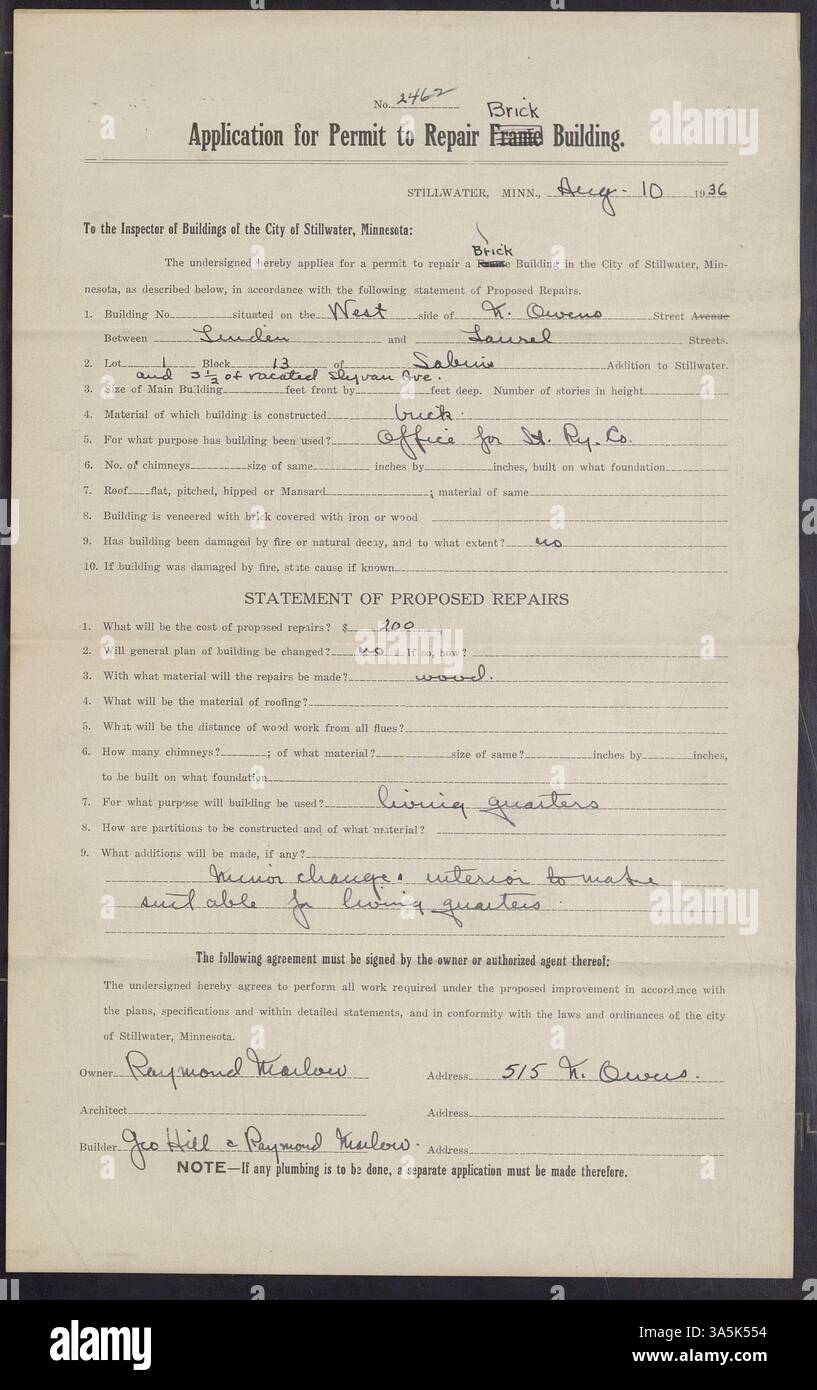Building permit issued on August 10, 1936, for repairs to a brick ...