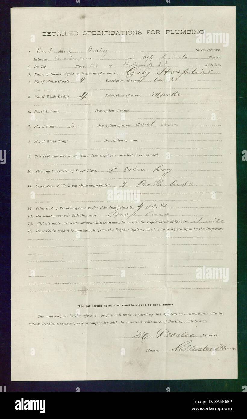Building permit issued on October 21, 1891, for plumbing work at the ...