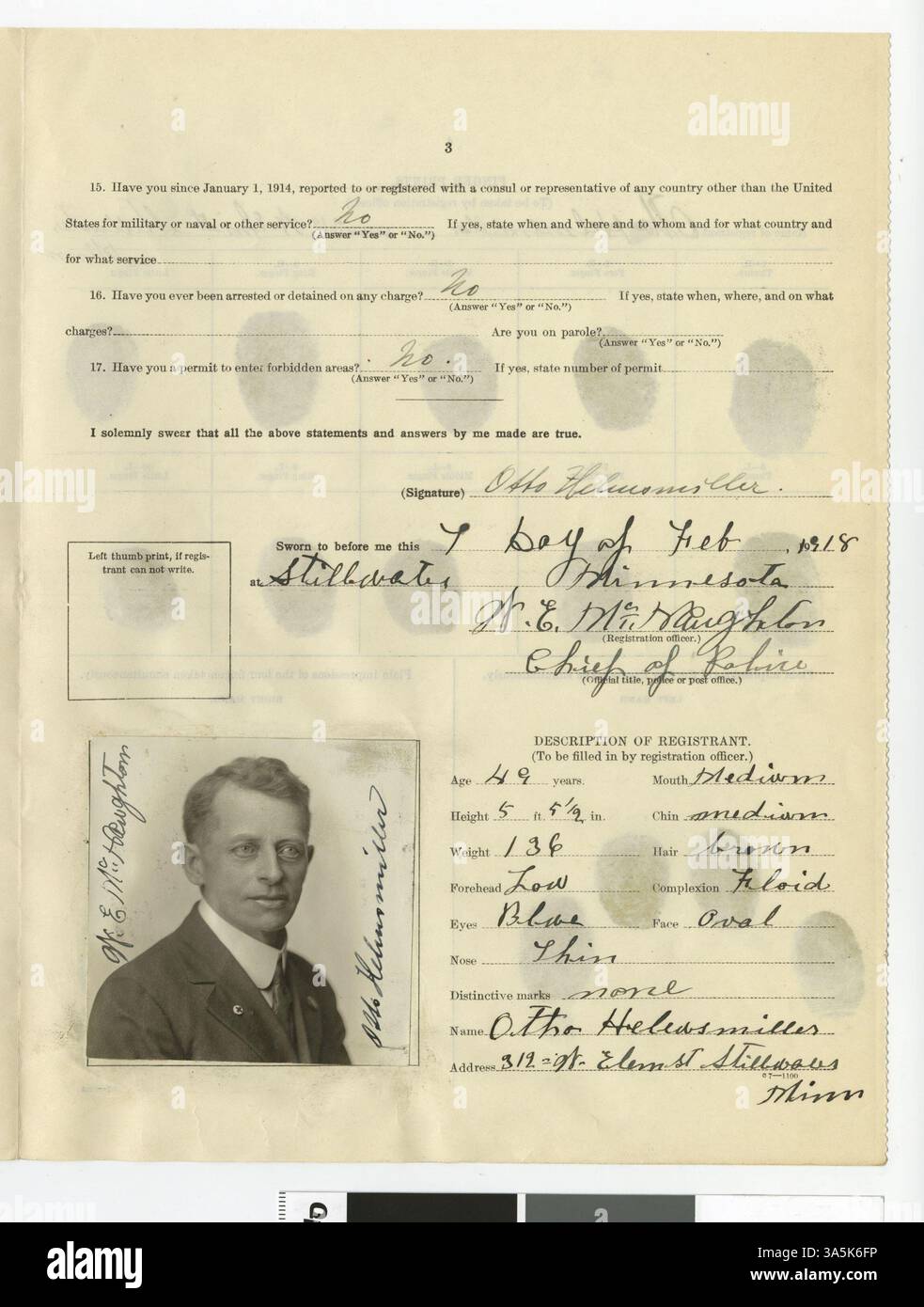 The alien enemy registration affidavit for Otto Helmsmiller, submitted ...
