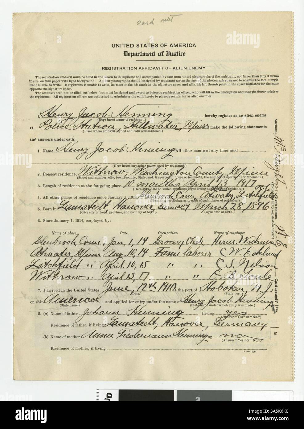 Registration affidavit of Henry Jacob Henning, an alien enemy, sworn to ...