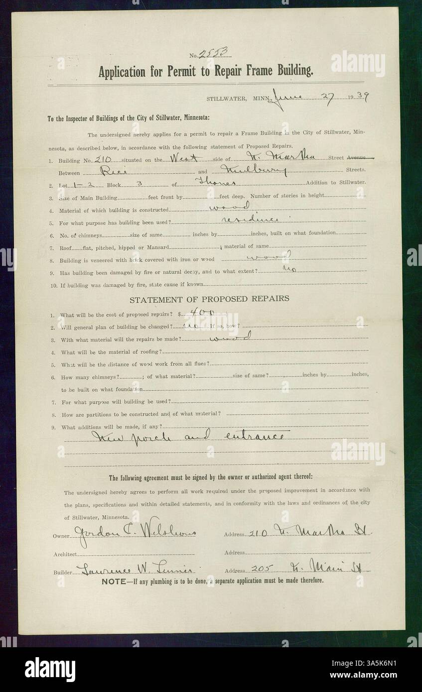 Building permit for repairs to a frame building at 210 North Martha ...